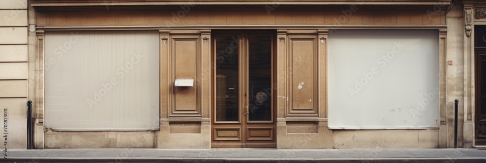 The background image displays the front view of a closed store, evoking ...