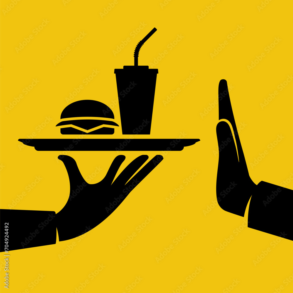 No fast food, black icon. Rejecting the offered junk food. Gesture hand ...