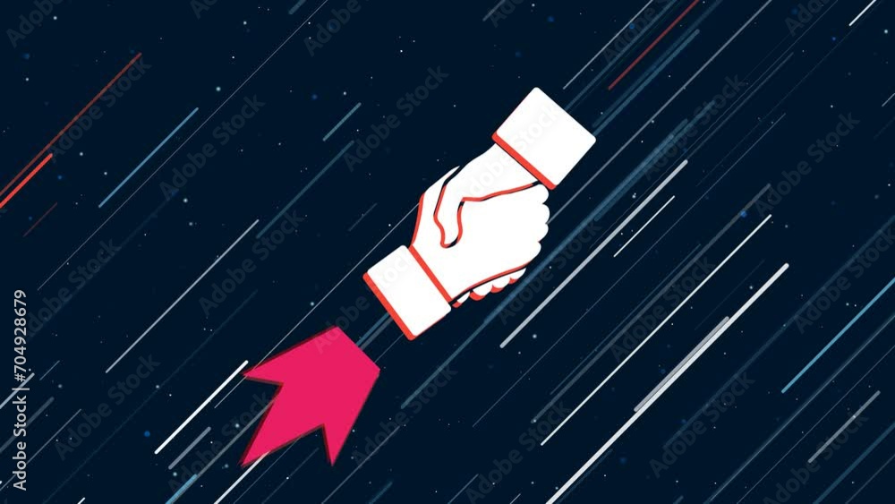 Handshake symbol flies through the universe on a jet propulsion. The ...