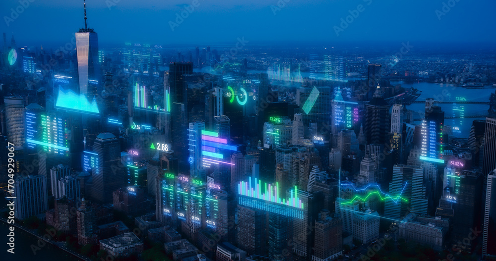 Modern Smart City Concept: Aerial Helicopter Footage of New York City ...