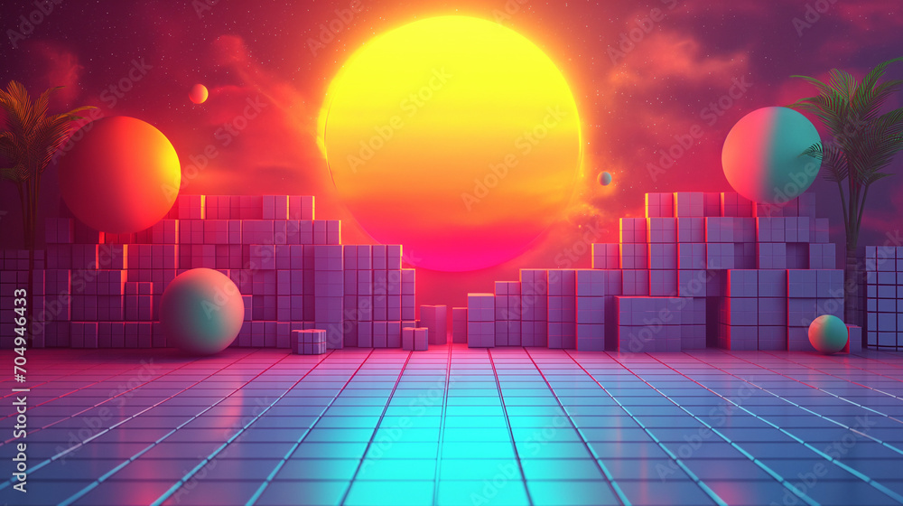 Fondo atardecer render objetos geométricos Stock Photo | Adobe Stock