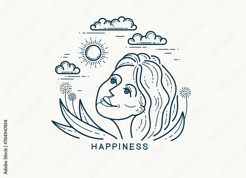 Emotion of happiness concept, vector drawing of a woman face displays ...