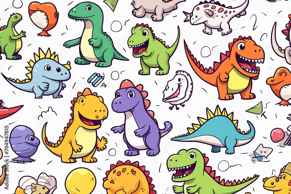 Cartoon cute doodles illustrating a doodle set of playful dinosaurs ...