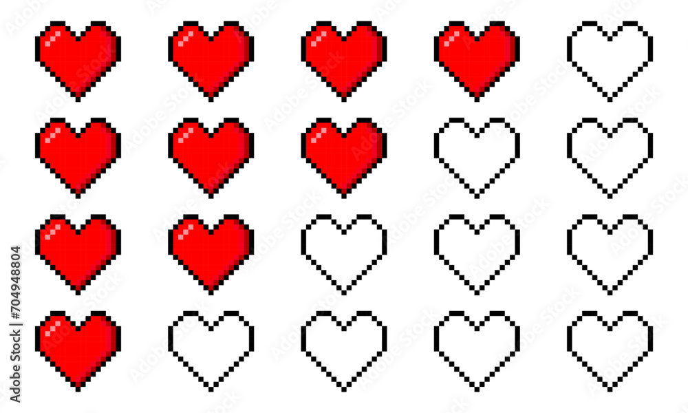 Pixel game life bar. Vector art 8 bit health heart bar. Gaming ...