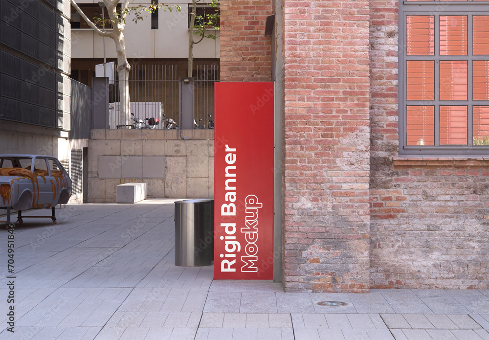 Mockup of customizable banner outside brick building Stock Template ...