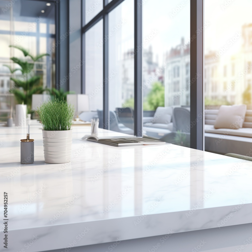 White marble table top and blurred abstract background from interior ...