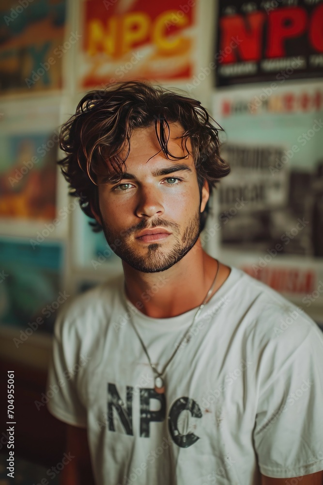 handsome man in his mid 20s stood in front of posters in bedroom, white ...
