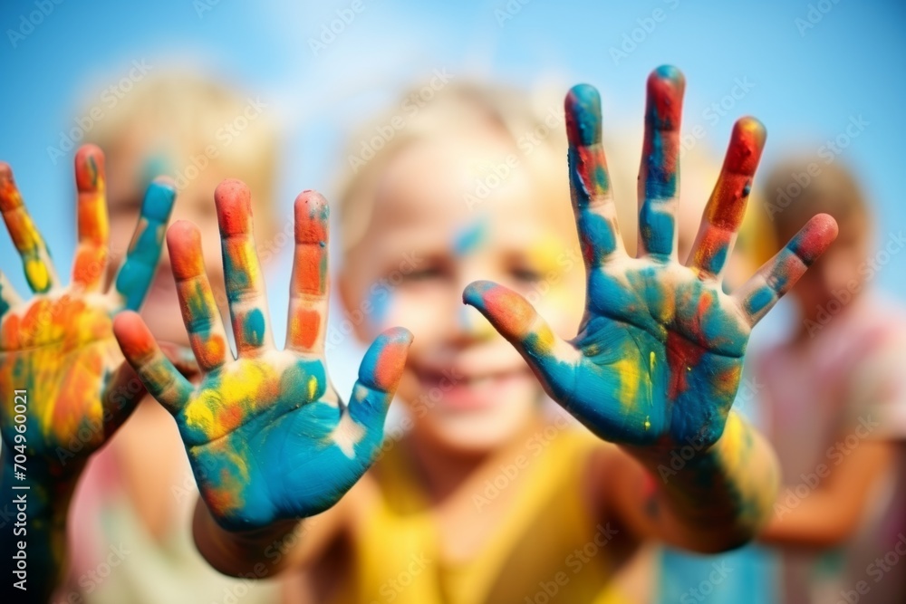 Happy diverse children raising painted hands kindergarten child kids ...