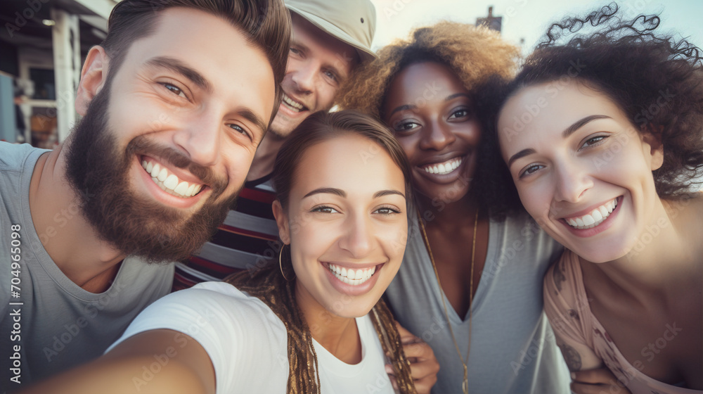 A young, vivacious group poses for a selfie on a bustling street, their ...
