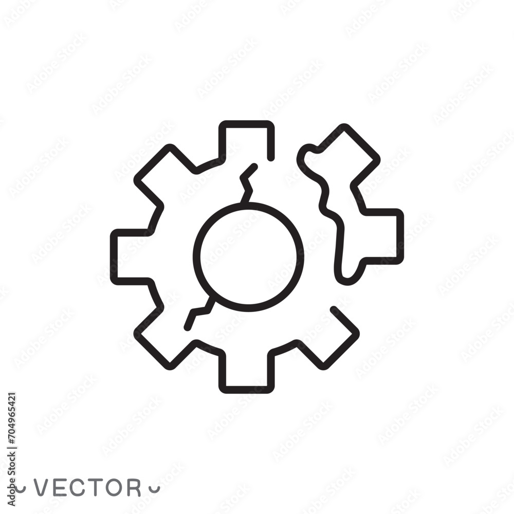 gear crack, broken gear, failed part icon, broken mechanism, thin line ...