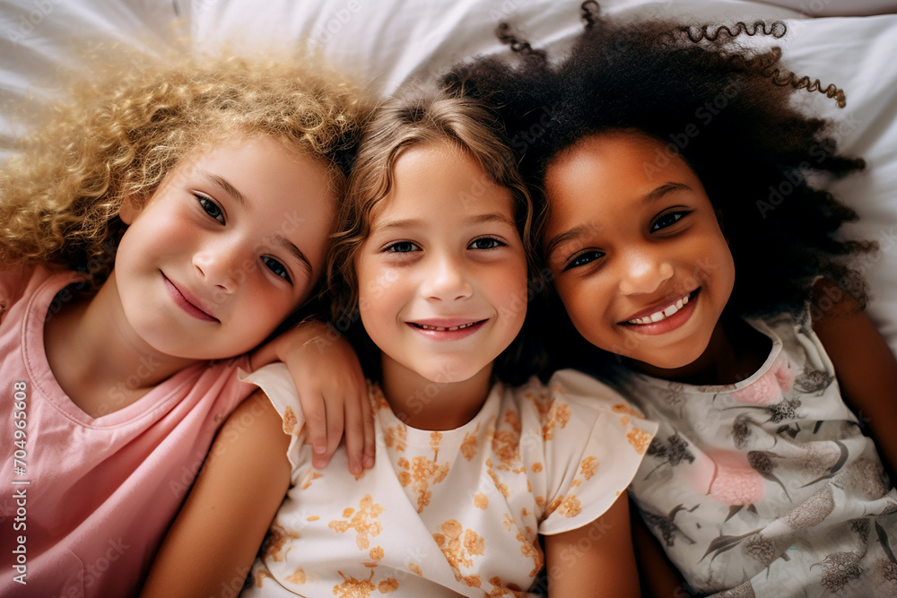 Portrait of smiling three little girls of different nationalities lying ...