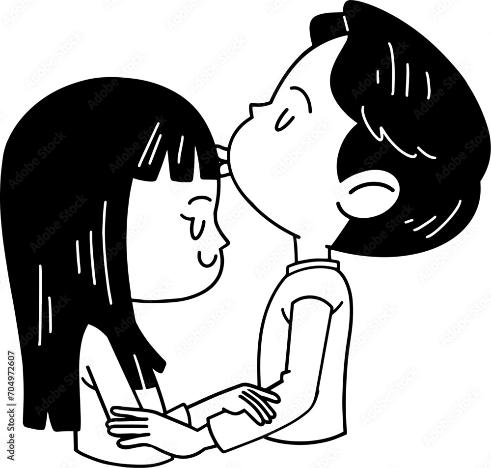 Cute Valentine Couple Kissing Forehead Coloring Page Outline Cartoon