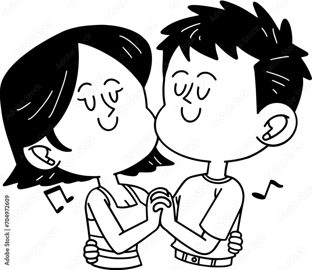 Cute valentine couple dancing, coloring page outline cartoon ...