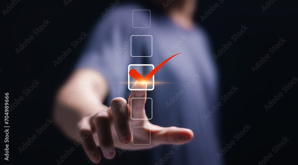 Checklist concept. Businessman tick checking mark on checkboxes. Stock ...