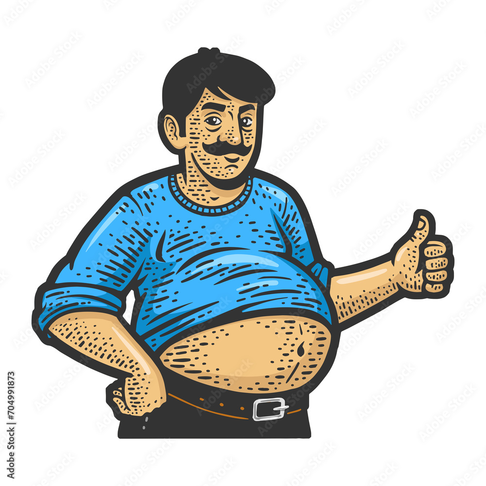Fat man with beer belly abdominal obesity sketch hand drawn color ...