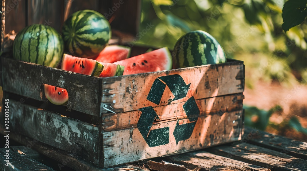 Wooden crate adorned with the universal recycling symbol, brimming with ...