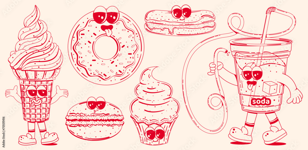 Set of Posters with trendy retro cartoon characters of sweet fast food ...