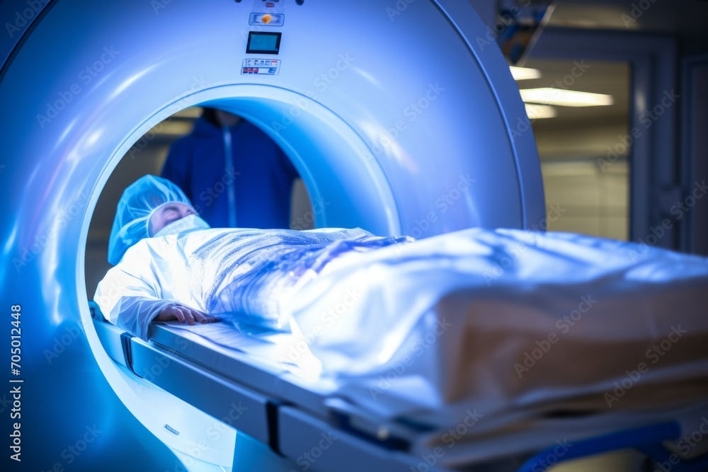 Patient under MRI brain scan computer tomography medical photo x-ray ...