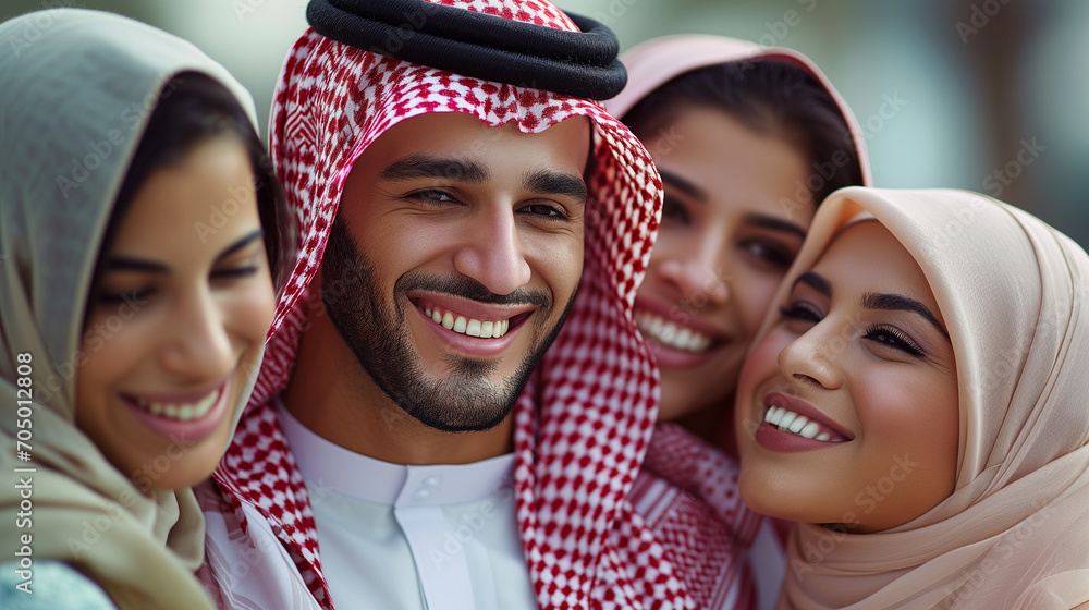 Arab Millionaire Sheikh in Traditional Attire with Wives Wearing Hijabs ...