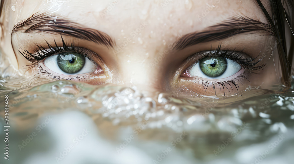 Female green eyes peering out of the clear water. Creative concept of ...