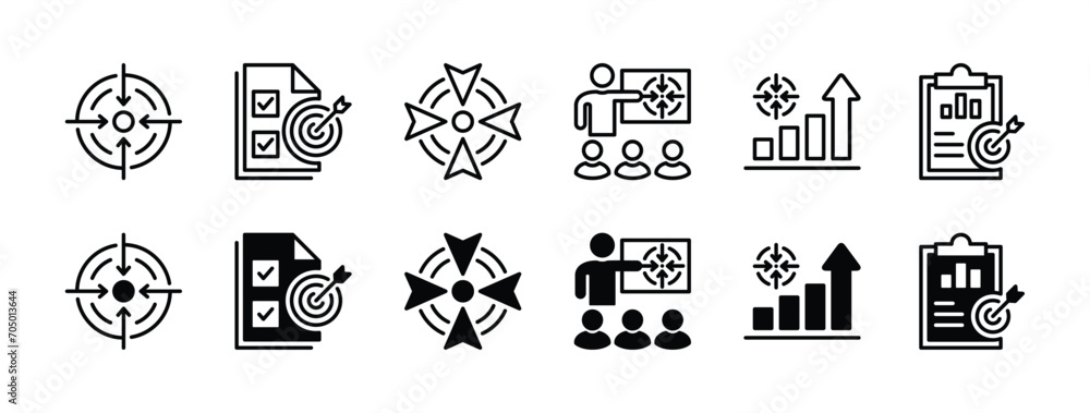 Objective thin line icon set. Containing strategy, analysis, planning ...