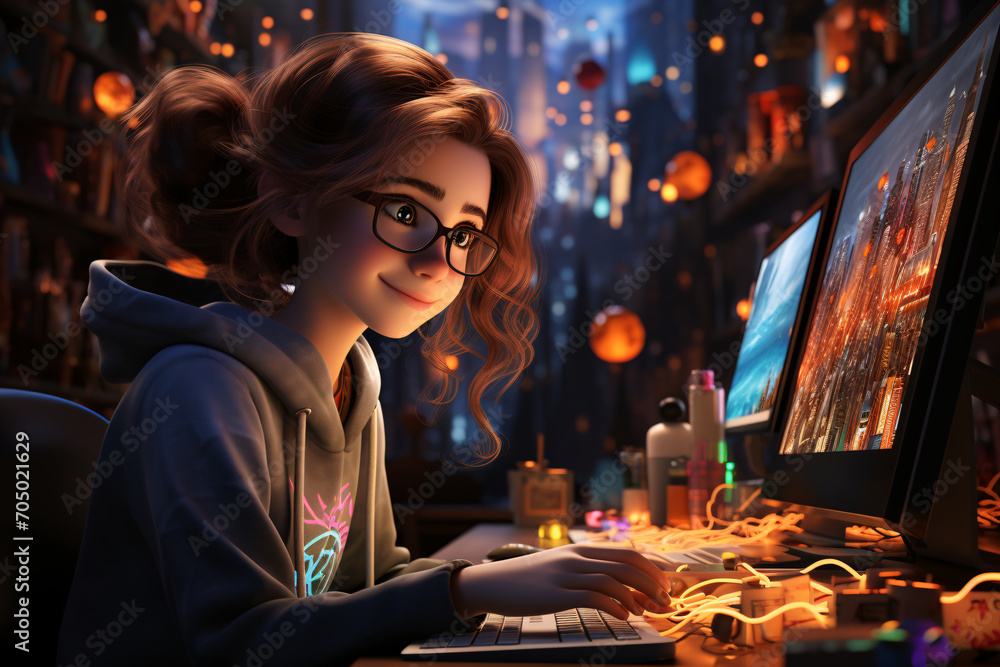 Web Developer Pixar Style render Girl Character illustration of all the ...