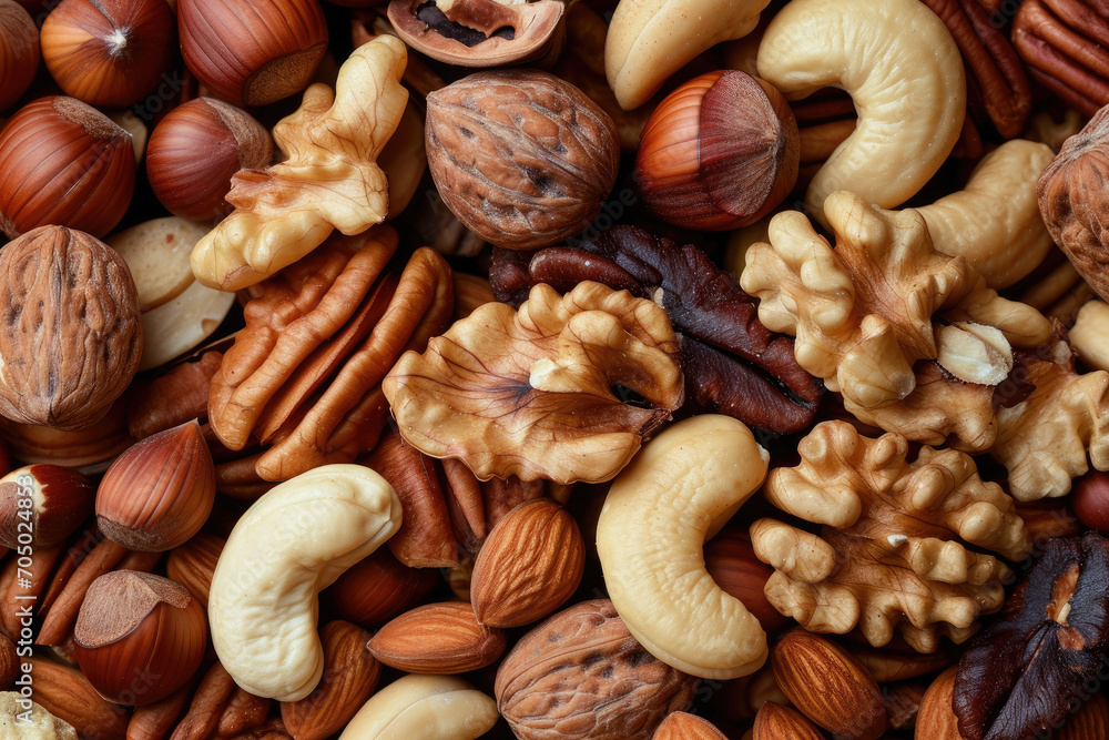 Mix of different kinds of natural nuts background, including of pecan ...