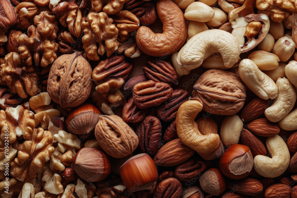 Mix of different kinds of natural nuts background, including of pecan ...