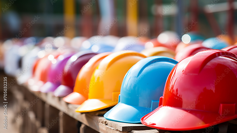 Multi-coloured Safety Construction Worker Hats at Construction site ...