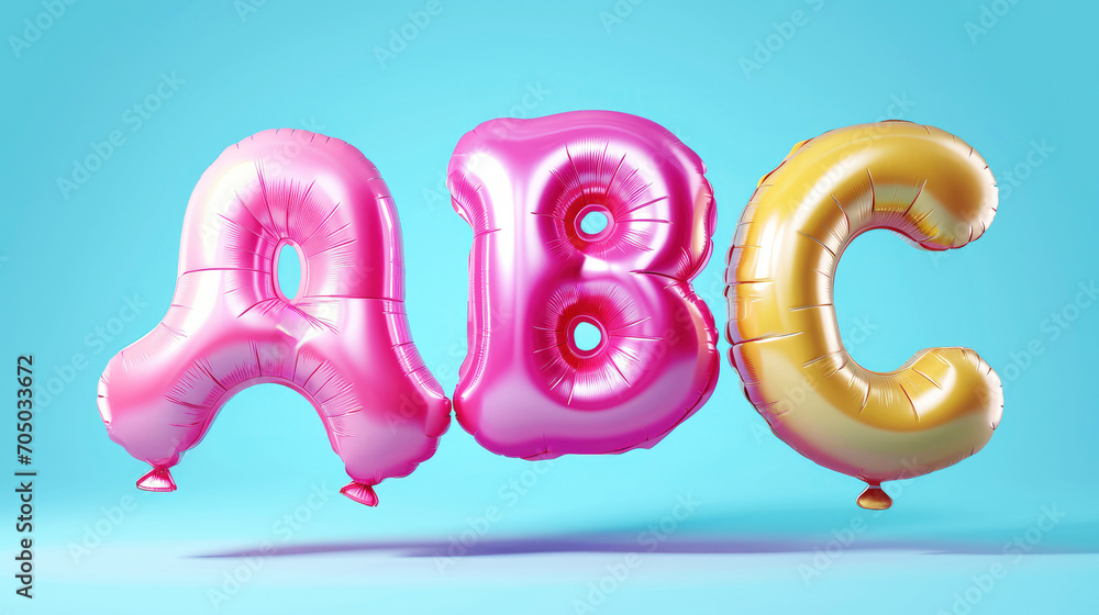 Glossy inflated helium ballons spelling ABC letters on blue background ...
