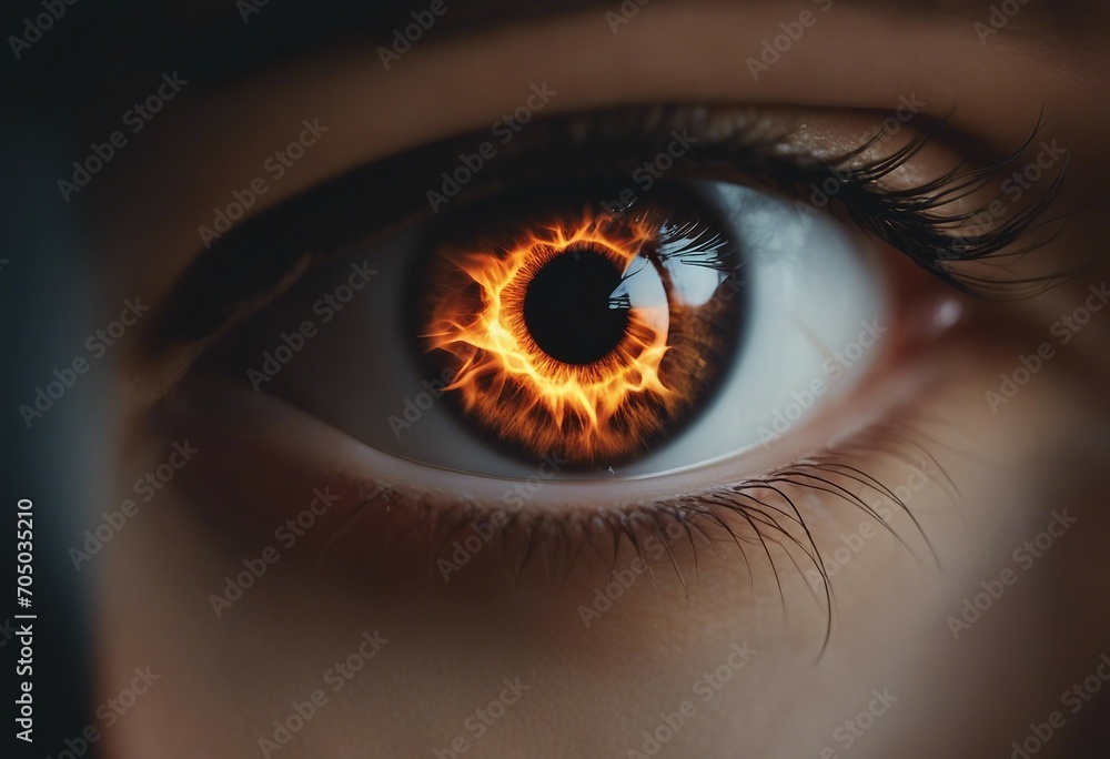 A close-up beautiful eye of a female person burning glowing fire in the ...