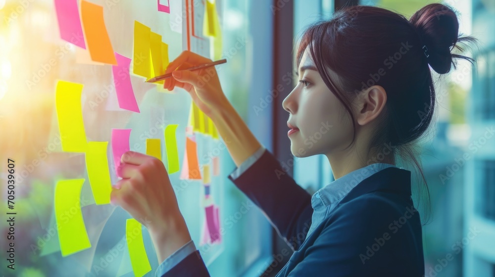 A woman standing in front of a wall full of colorful sticky notes ...