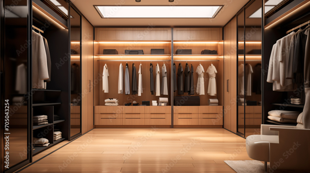 Modern luxury style warm wood walk in closet, minimal walk in wardrobe ...