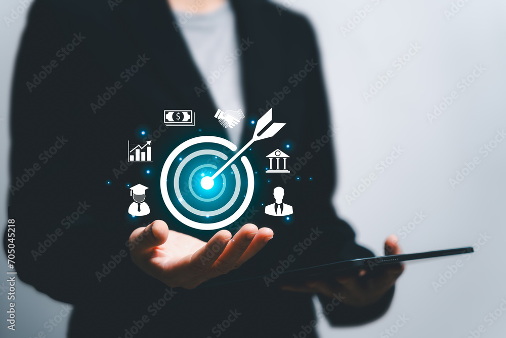 Business target and success concept, Businesswomen show goals target ...