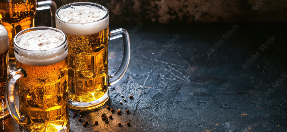 Festive beers poster with an empty text area and full, frothy glasses ...