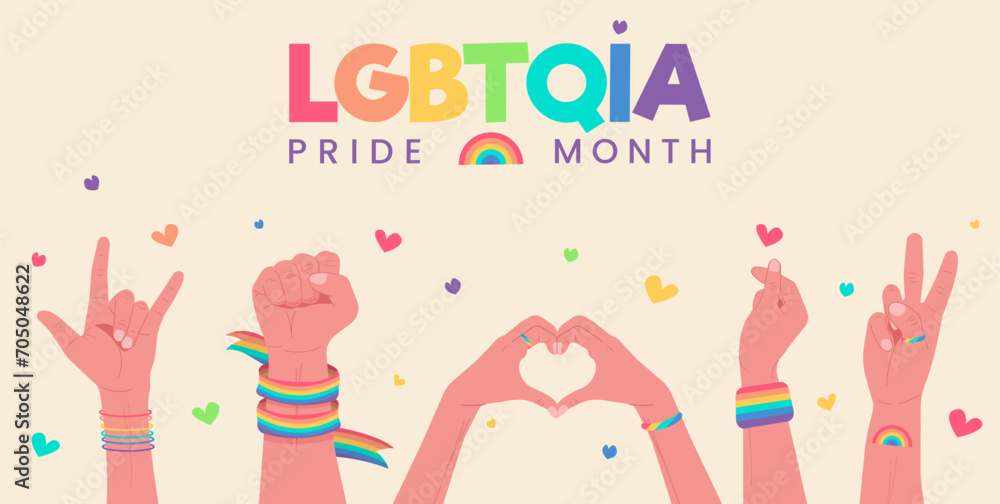 People hold hands up celebrating LGBTQ pride month. Pride month banner ...