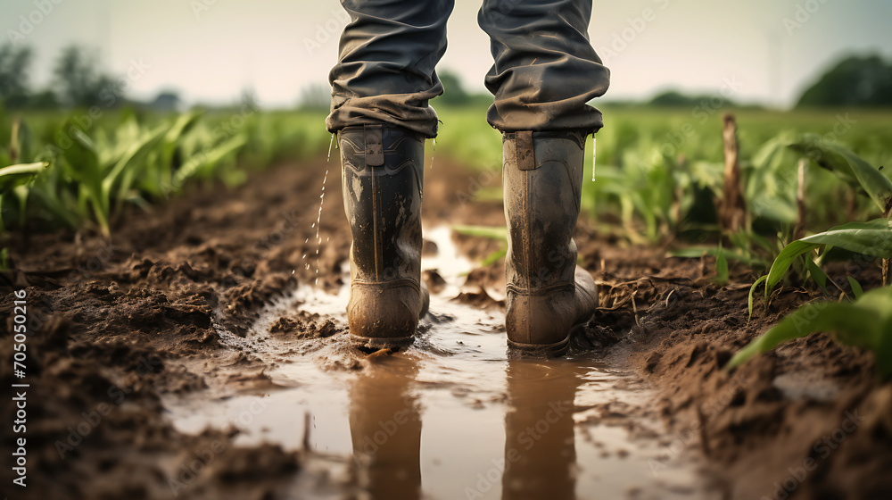 Farmer in wet field after rain in rubber boots and increasing crop ...