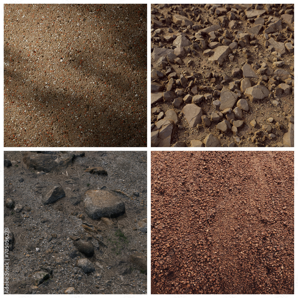 collection de quatre textures de sol en extérieur type gravier et terre ...