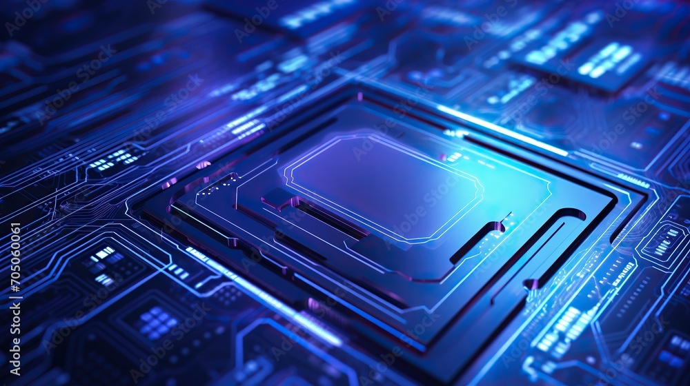 rendering of blue futuristic circuit board with electrons. Circuit ...