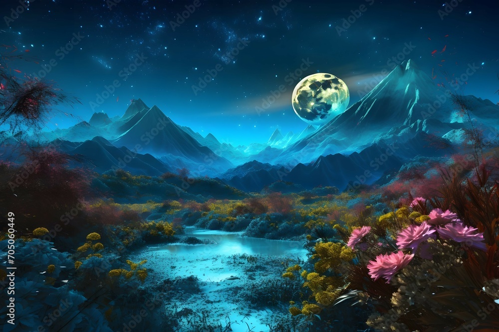 It is a surreal and complex CG rendering. Night, clear as a mirror of ...