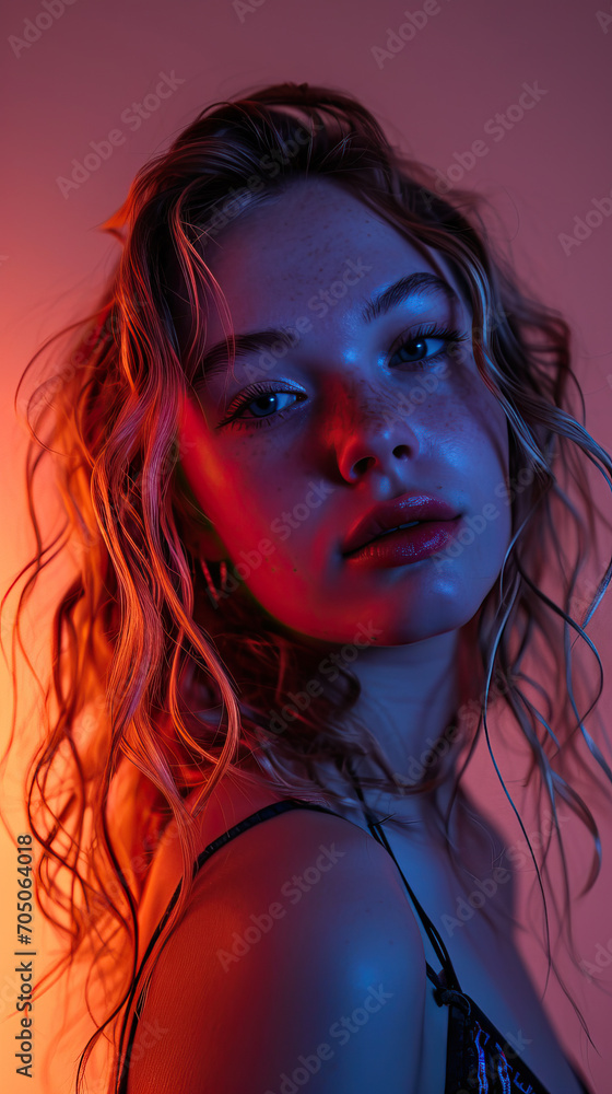 Fashion Top Model Posing in Front of a Neon Gradient Background ...