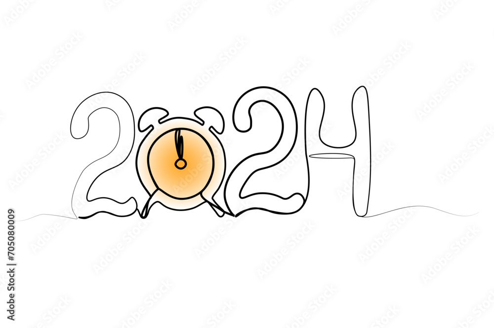 continuous drawing of 2024 in one line. New Year handwritten text ...