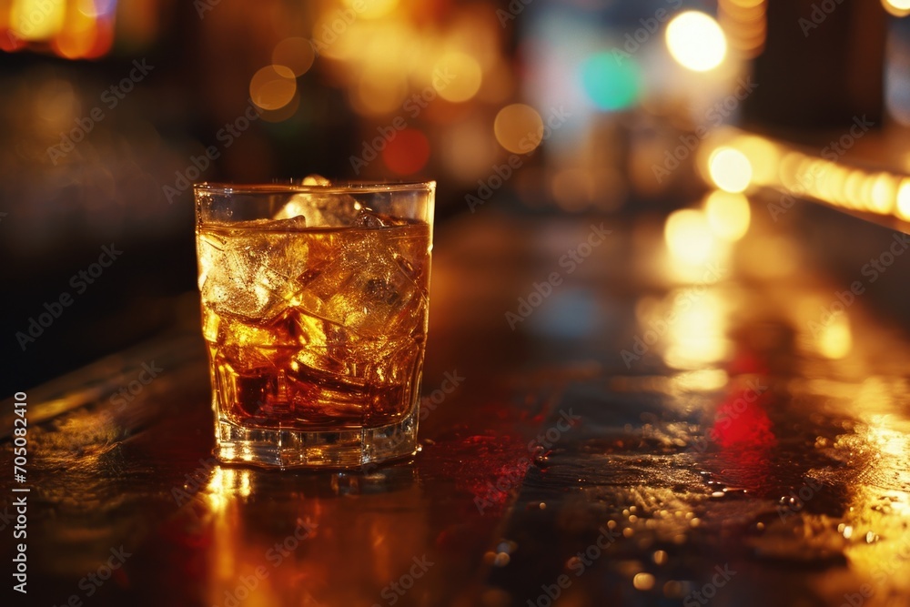 A close-up view of a glass of alcohol on a bar. This image can be used ...
