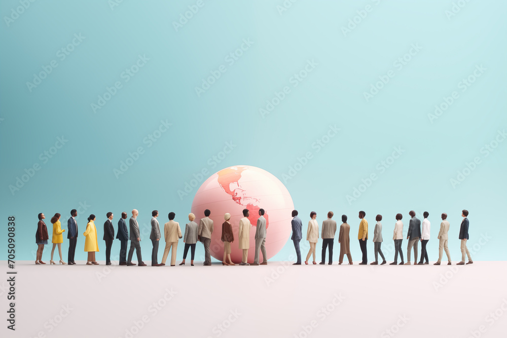 Multi cultural Human figures standing in front of world globe map and ...