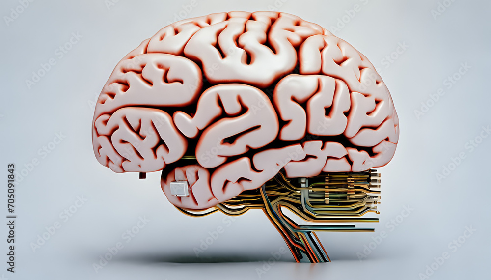 a computer circuit with a brain on top of it, brain connected to ...