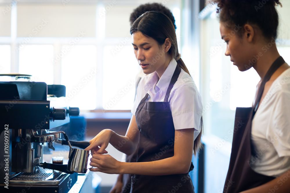 Barista coffee training workshop. Barista learning make coffee by ...