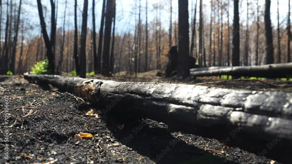 Vidéo Stock damaged trees after wildfire. post-fire restoration ...