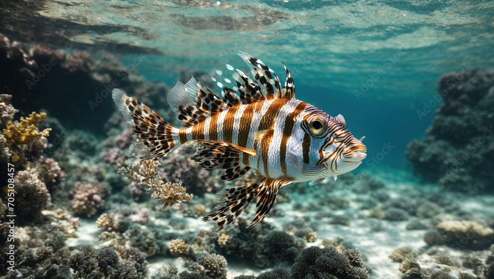 a brown and white lionfish submerged in the gorgeous light of the sun ...