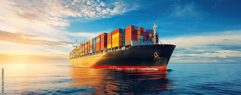 Global maritime commerce. Aerial view of busy industrial harbor with ...