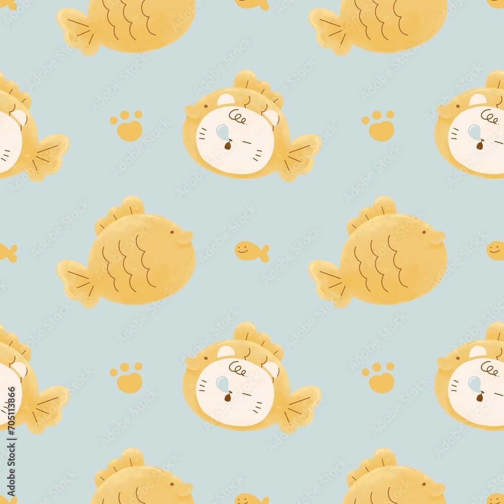 Cute taiyaki kawaii cat seamless pattern Watercolor illustration ...